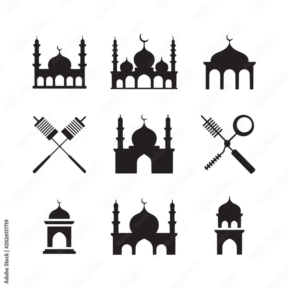 Islamic mosque architecture silhouettes, muslim worship buildings with ...