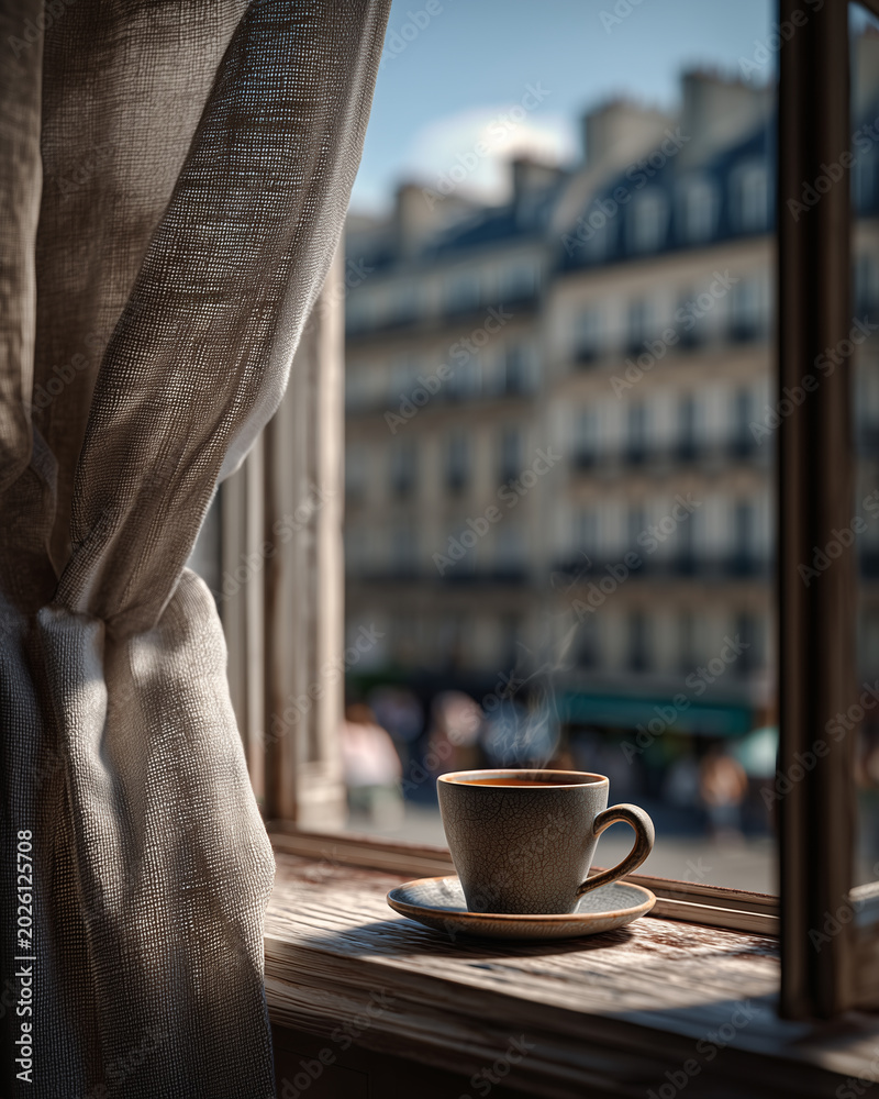 Steaming Coffee on a Parisian Window Sill の Stock フォト | Adobe Stock