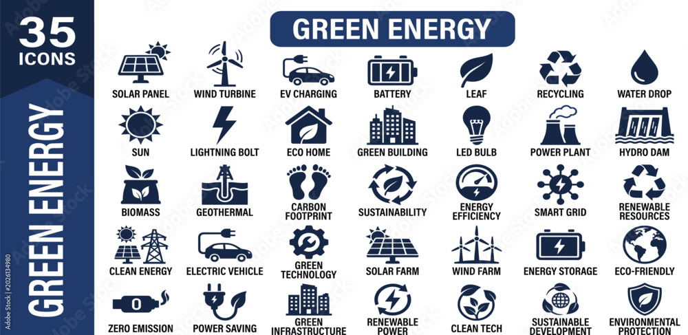 Green energy solid icon set featuring renewable solar wind power ...