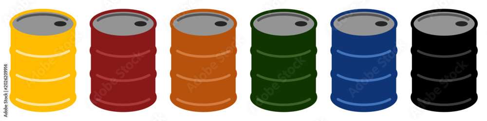 ドラム缶アイコンセット 無地カラーのシンプルなオイル・燃料ドラム Blank Barrel Icon Set Simple Color Oil ...