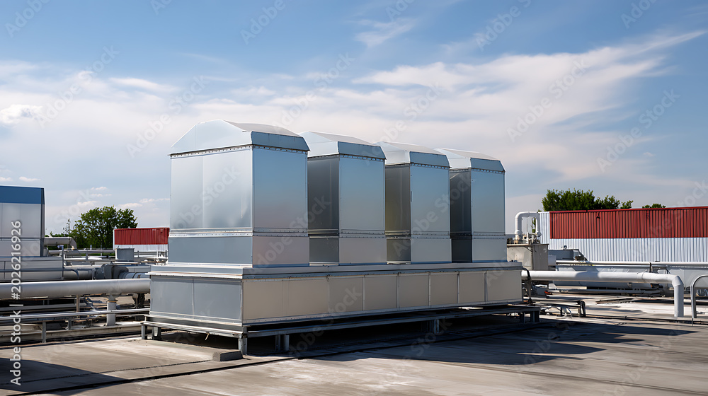 Industrial rooftop HVAC system with large air conditioning units ...