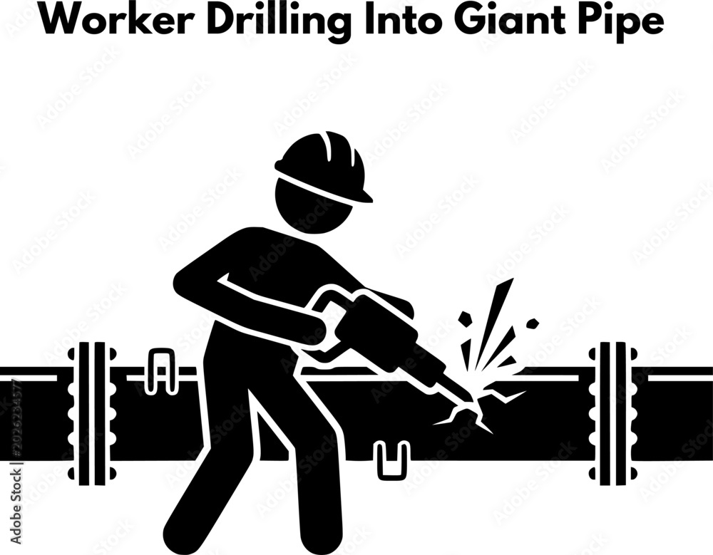 Construction Worker Using Jackhammer to Drill and Repair Giant Pipeline ...