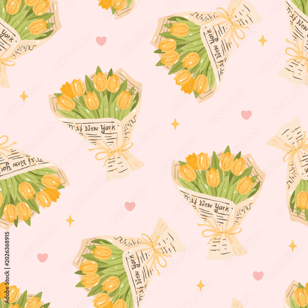 เวกเตอร์ Stock Yellow Tulip Seamless Pattern, New York Flower Bouquet ...