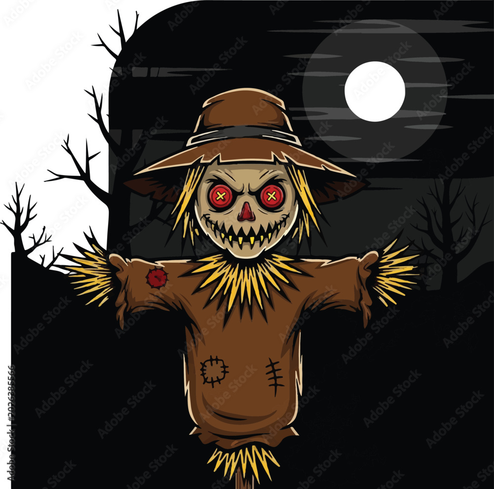 Scary Scarecrow with glowing red eyes in a dark field under the moon ...