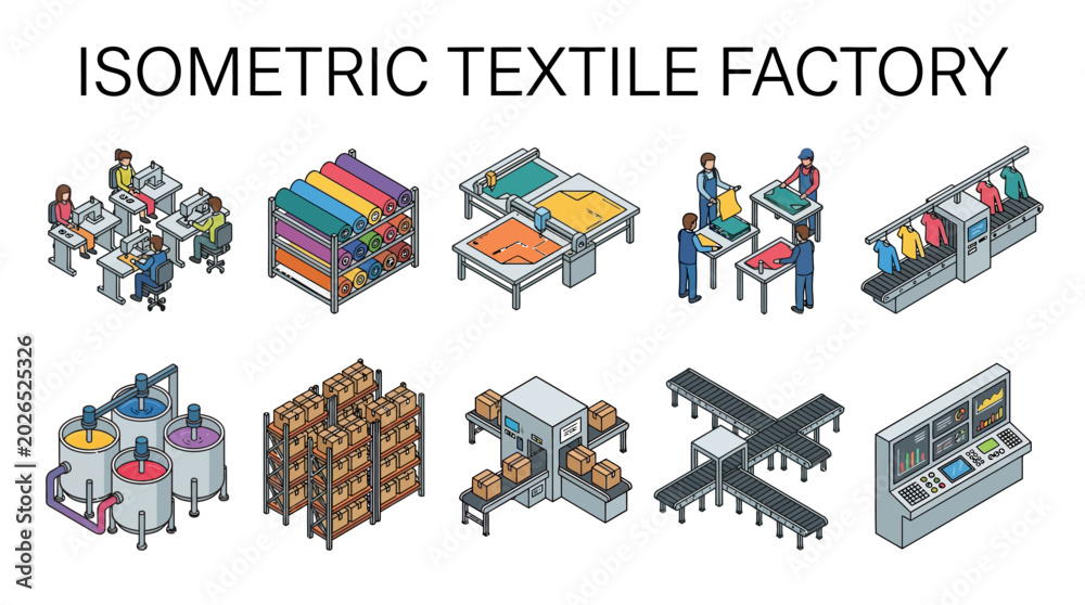 Isometric textile factory elements showing the manufacturing process ...
