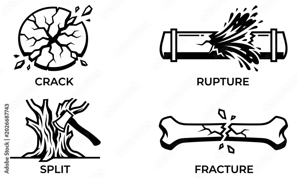 Crack, rupture, split and fracture vector icons, broken objects and ...