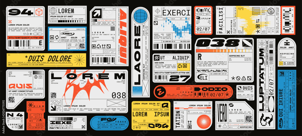 Retro futuristic industrial labels with fake logos, cyberpunk ...
