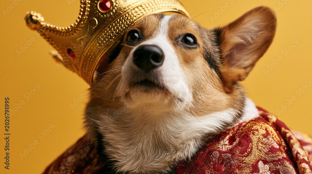 Corgi wearing a crown and cape posing against a yellow backdrop while ...