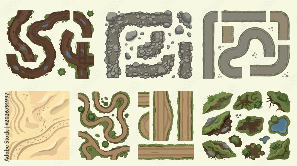 Top-down game map constructor kit, modular terrain tiles with dirt ...