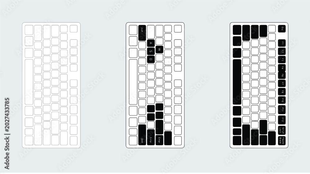 Three computer keyboard layouts showing different button activation ...