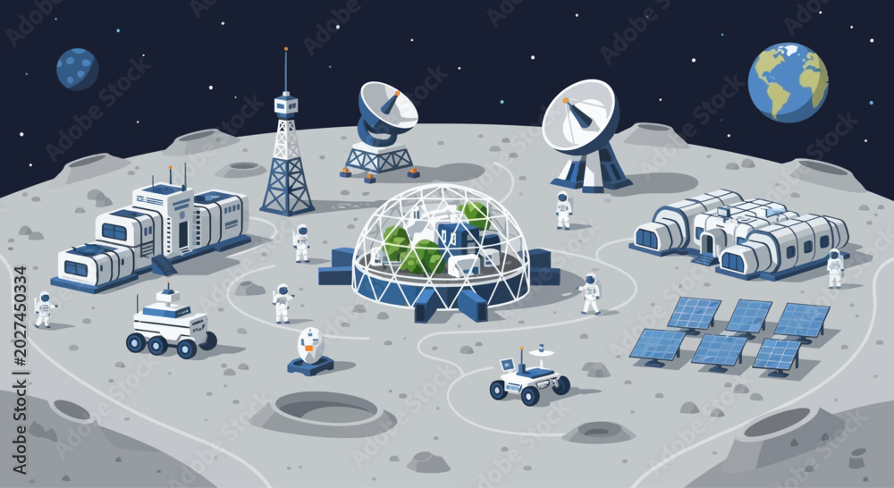 Pixel Art Moon Base: Astronauts, Domes, Rovers, and Solar Panels in ...