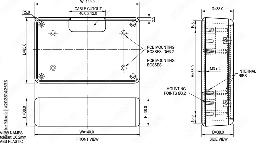 Plastic Electronic Enclosure Project Box Technical Engineering Drawing ...