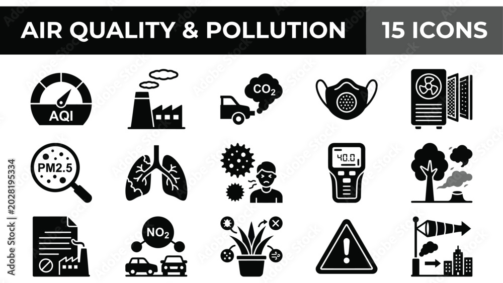 Air quality and pollution icon set, 15 black vector icons for ...