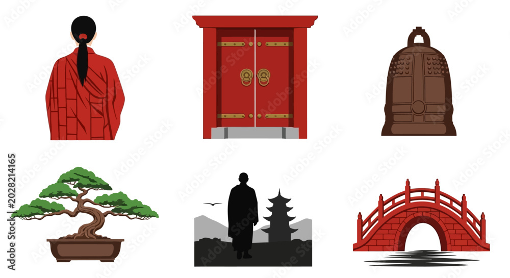 Collection of Japanese cultural elements including a kimono, temple ...