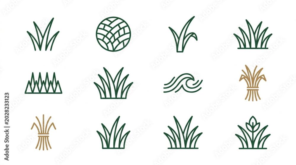 Collection of stylized grass and plant icons in a grid layout. Stock ...