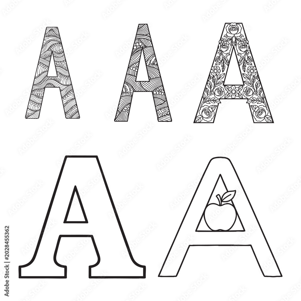 Letter A Coloring Pages Bundle, Floral Doodle Zentangle Monogram and ...