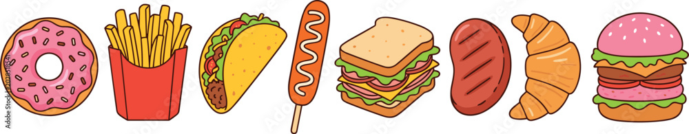 Fast Food and Bakery Vector Icon Set Featuring Hamburger French Fries ...