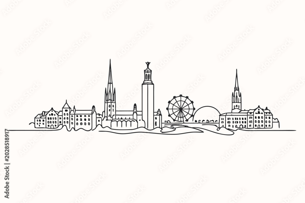 Stockholm Sweden City Skyline Minimalistic Continuous Line Art Vector ...