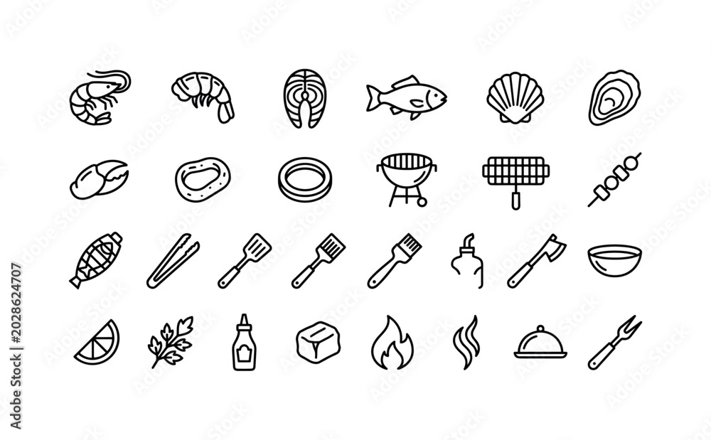 Stock-Vektorgrafik „Coastal Grill Essentials. Line icon set of seafood ...