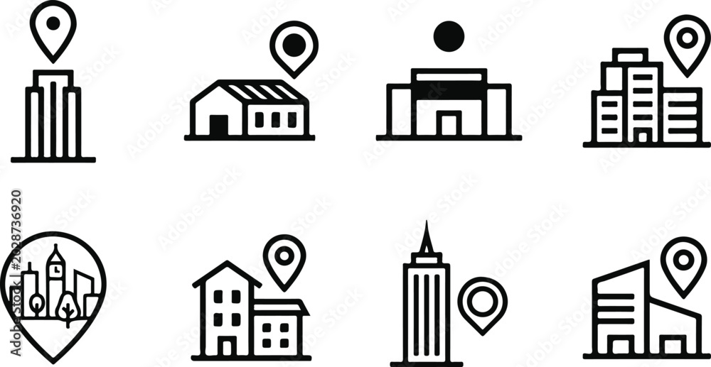 Location and building icons set with city landmarks, office navigation ...