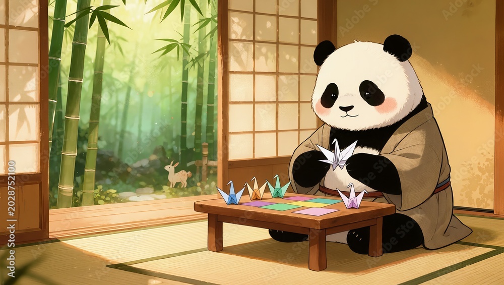 Cute panda wearing a kimono folding origami cranes inside a traditional ...
