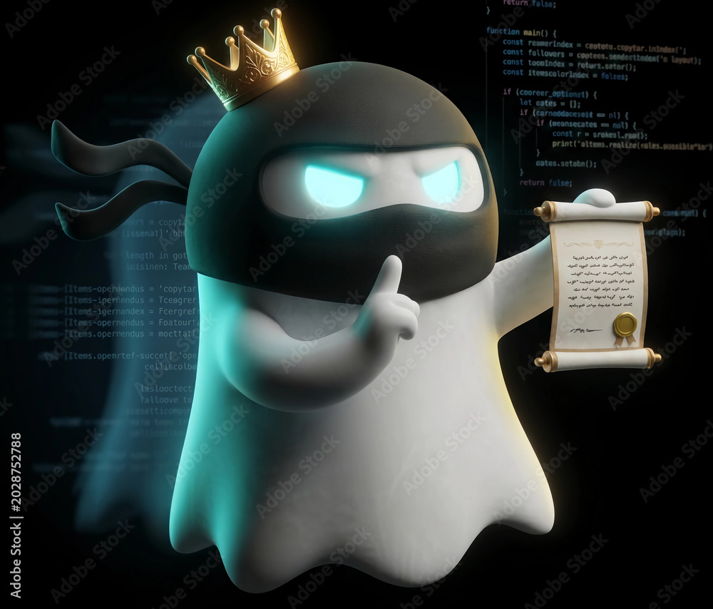 Cute 3D ninja ghost with a crown making a silent gesture holding a ...