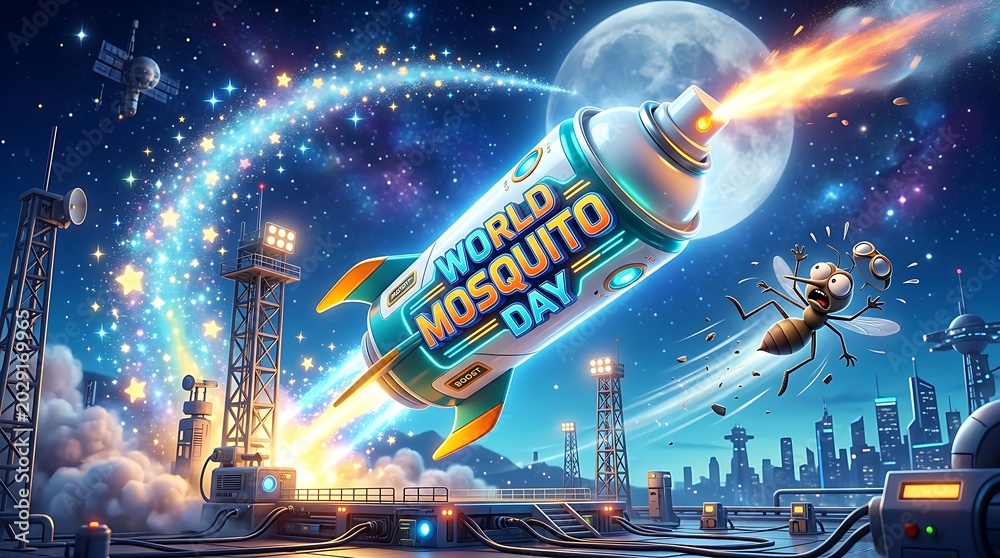 World Mosquito Day concept with a rocket shaped insect repellent spray ...
