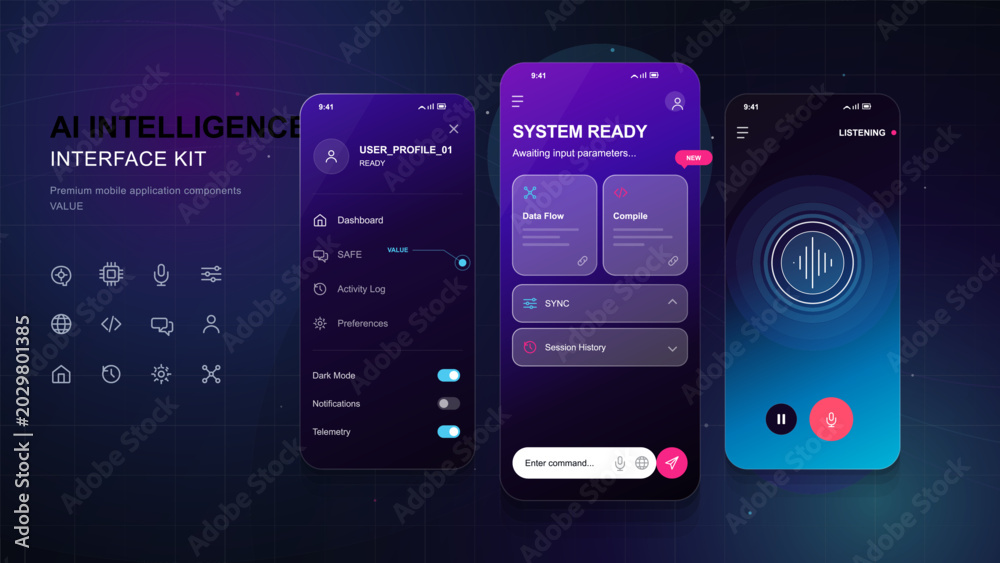 Dark AI mobile interface kit with profile settings, system ready cards ...