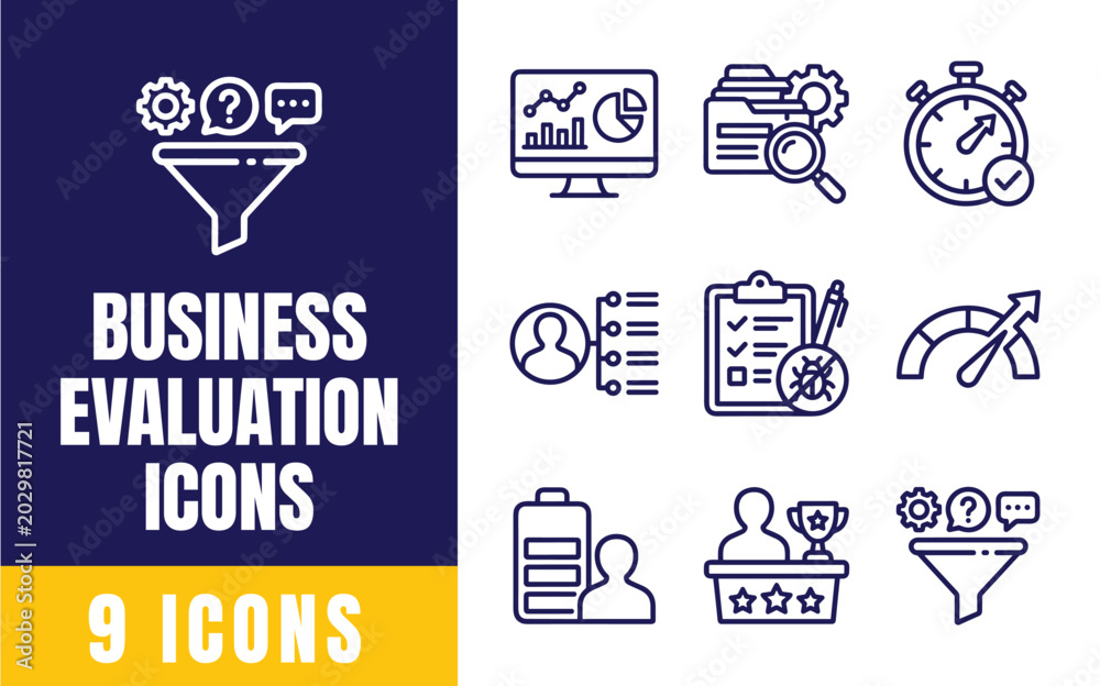 Business Evaluation Icons Set — Funnel, Analytics, Stopwatch, Checklist ...
