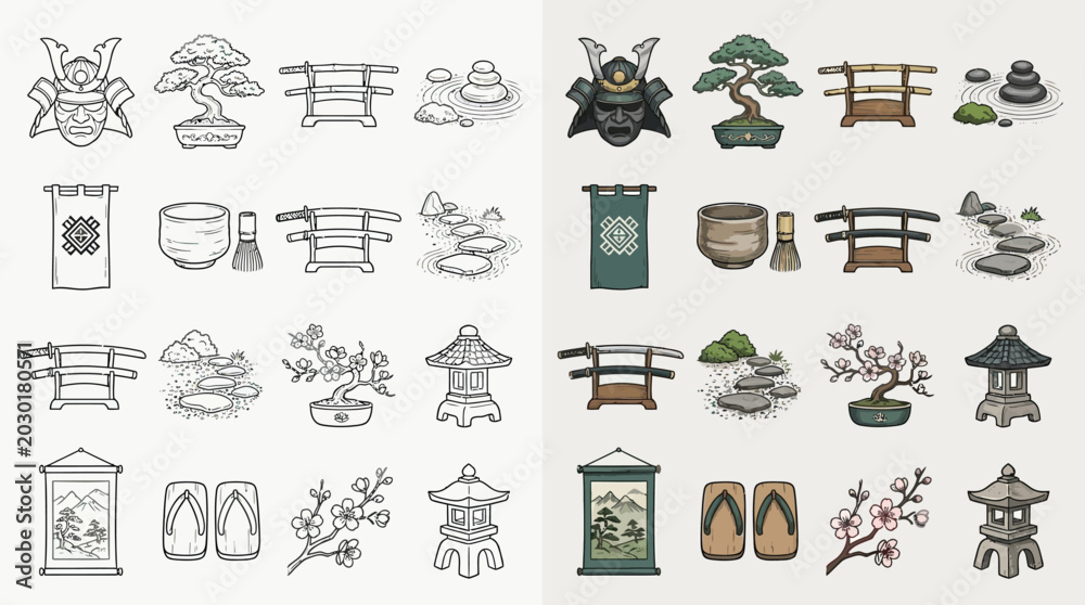 Collection of Japanese cultural icons and symbols in a flat design ...
