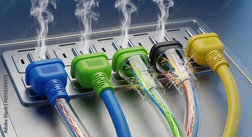 Overloaded power strip sparks and smoke indicating electrical hazard ...