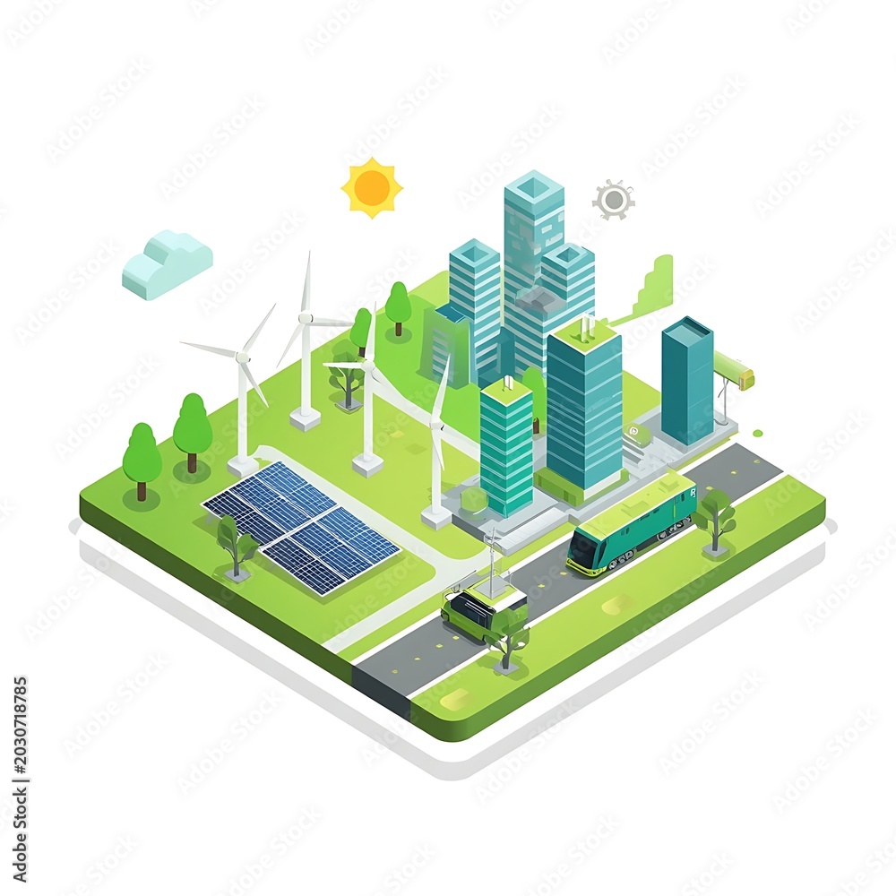 Stock-Foto „, solar panels, wind turbines, eco city, green buildings ...