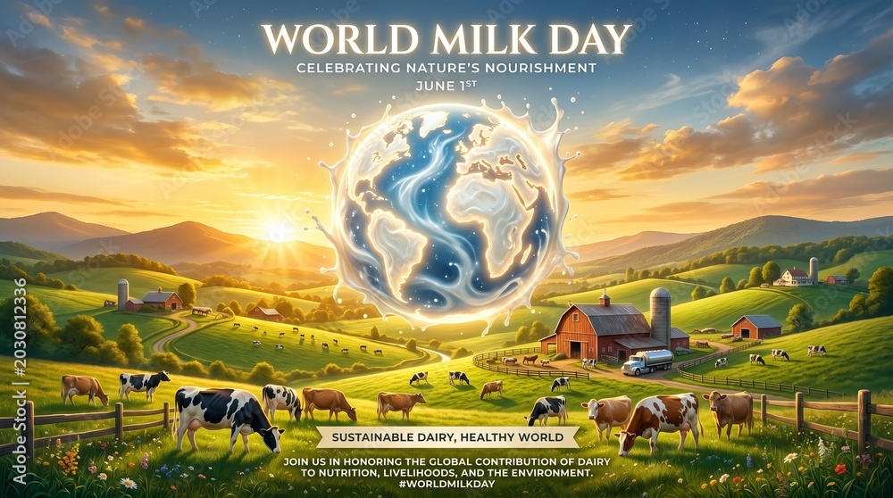 World milk day celebration with a milksplashed earth over a dairy farm ...