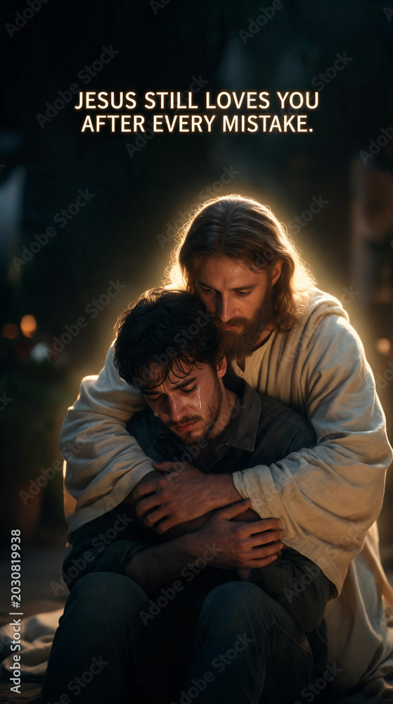 Jesus Christ Embracing a Crying Man with Message of Love and ...