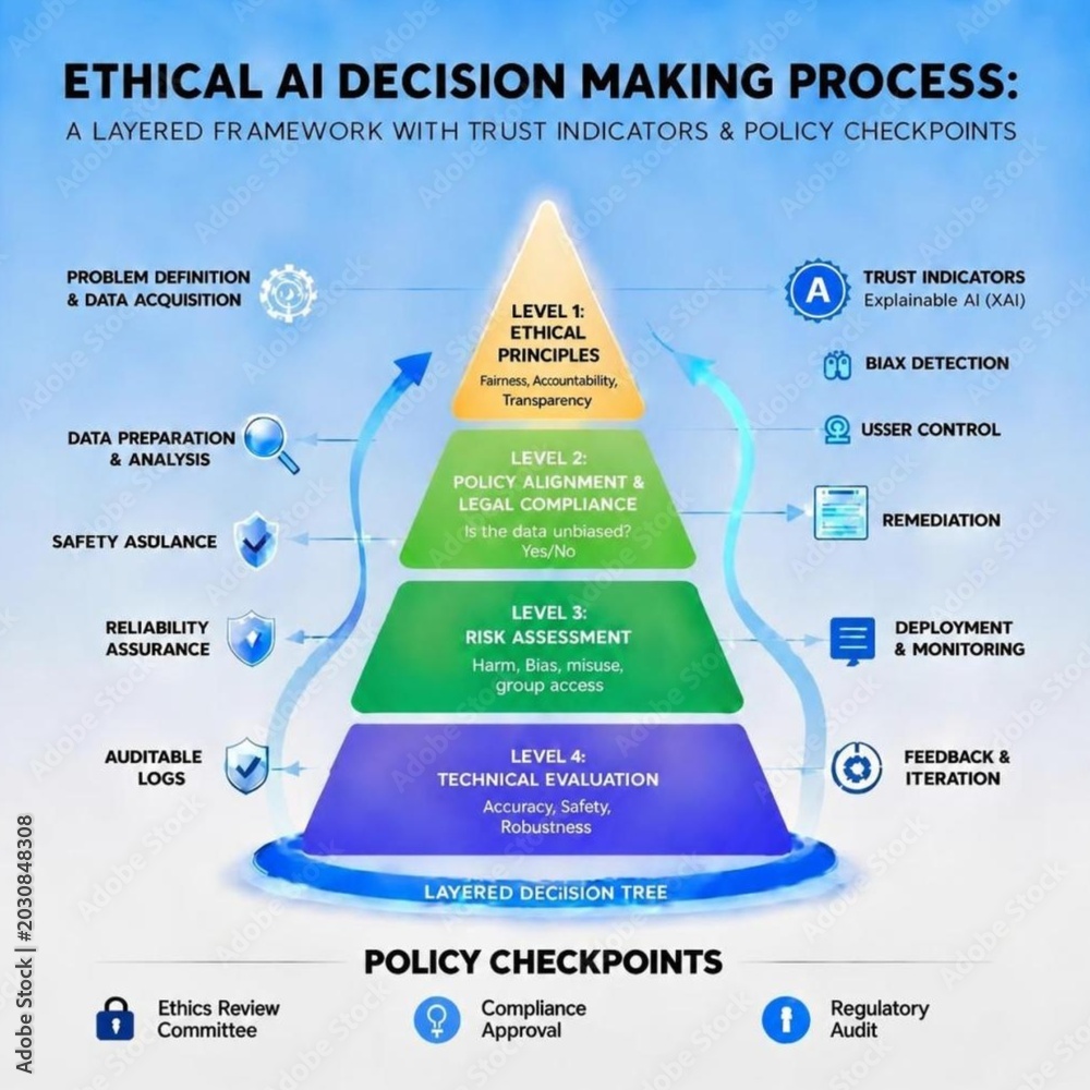 Ethical AI decision making process infographic template with layered ...