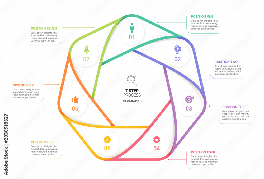 7 Step Venn diagram line infographic template. Circle loops with icons ...
