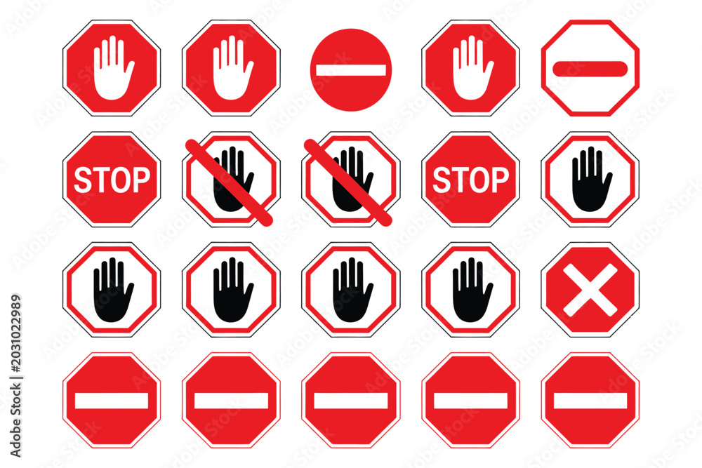 Stop Signs Set Featuring Red Traffic Control Car Stop Hand Signal ...