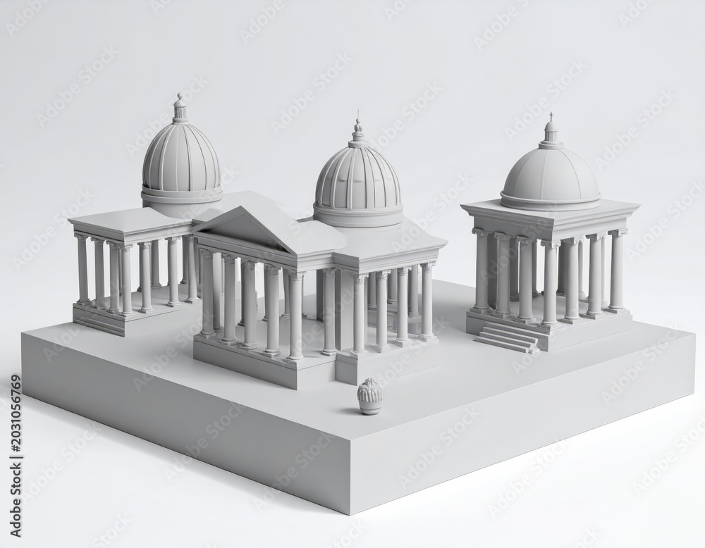 Miniature classical architectural models featuring domes, colonnades ...