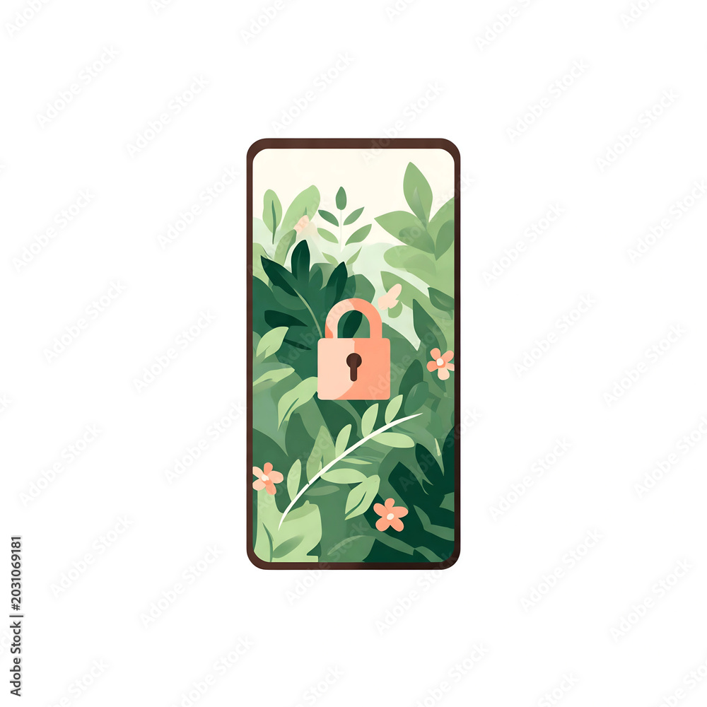 Smartphone with tropical leaf design and golden number zero icon on ...