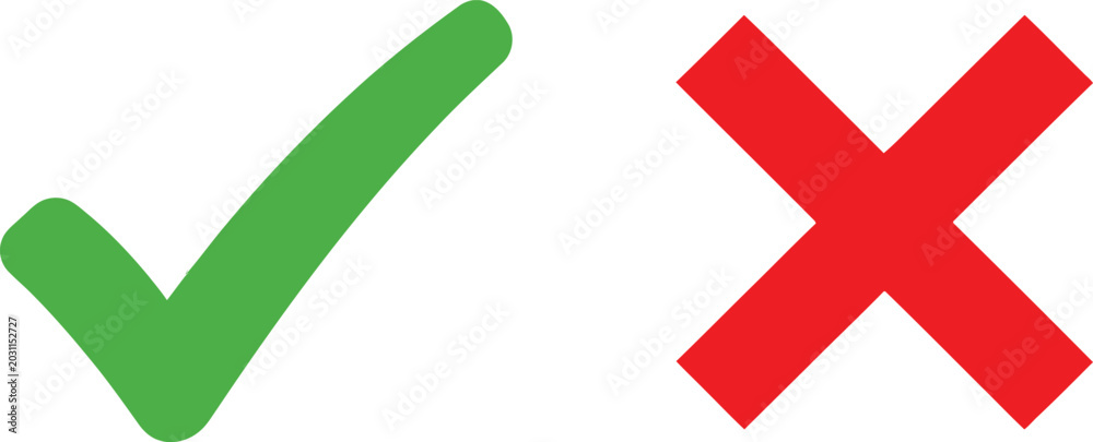 Green check mark and red cross mark symbols for checklist and decision ...