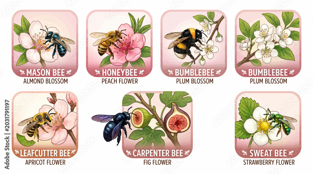 Bees visit various flowers in full bloom across different types of ...