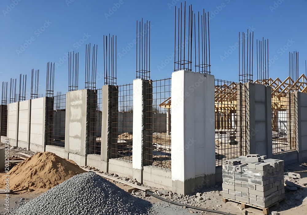 Construction site with reinforced concrete columns and walls under ...