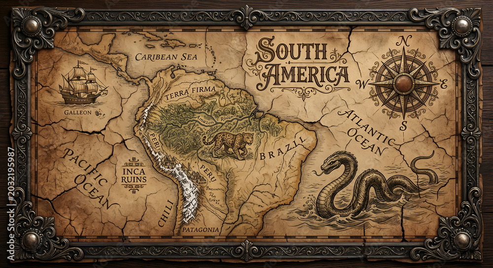 Vintage Antique Map of South America on Old Parchment with Sea Monster ...