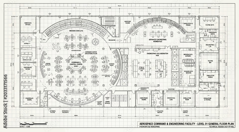 Complex engineering facility floor plan with circular office layout の ...