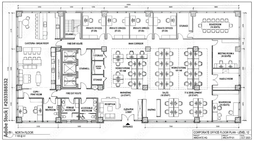 Architectural floor plan of a modern office layout with workstations ...