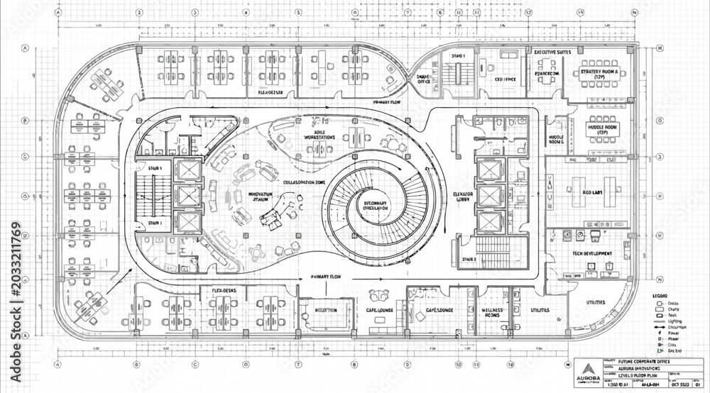 Architectural floor plan of a modern office layout with curved central ...