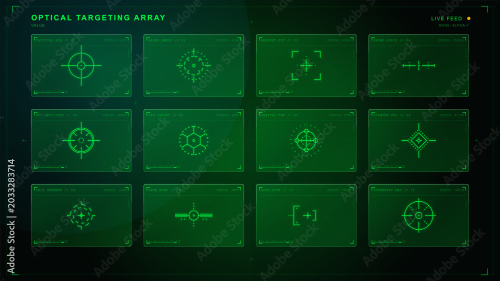 Dark optical targeting array interface with glowing green reticles ...