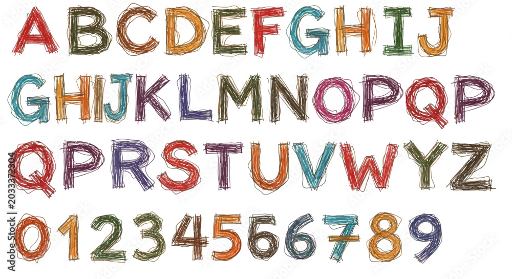 hand drawn alphabet colorful letters and numbers in a fun doodle font ...