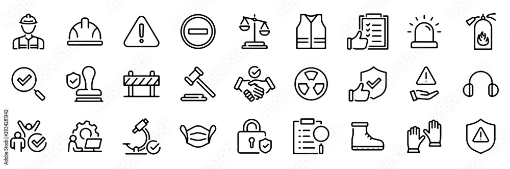 Safety and Protection Line Icons Set. Emergency, First Aid, Helmet ...