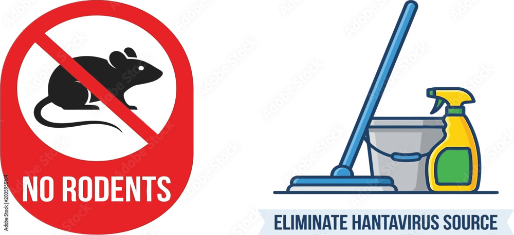 Pest control warning sign with no rodents icon, cleaning supplies for ...